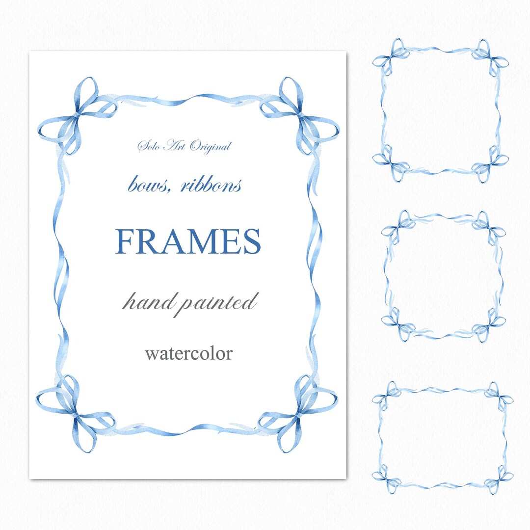 Watercolor Blue Bows Ribbons Frame Border Baby Shower Holiday Digital ...