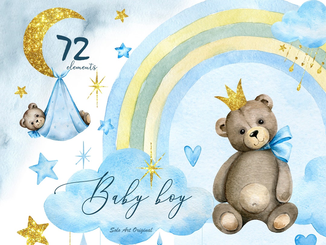 Teddy Bear Baby Shower Clipart Little Bear Baby Boy PNG Watercolor Clip ...