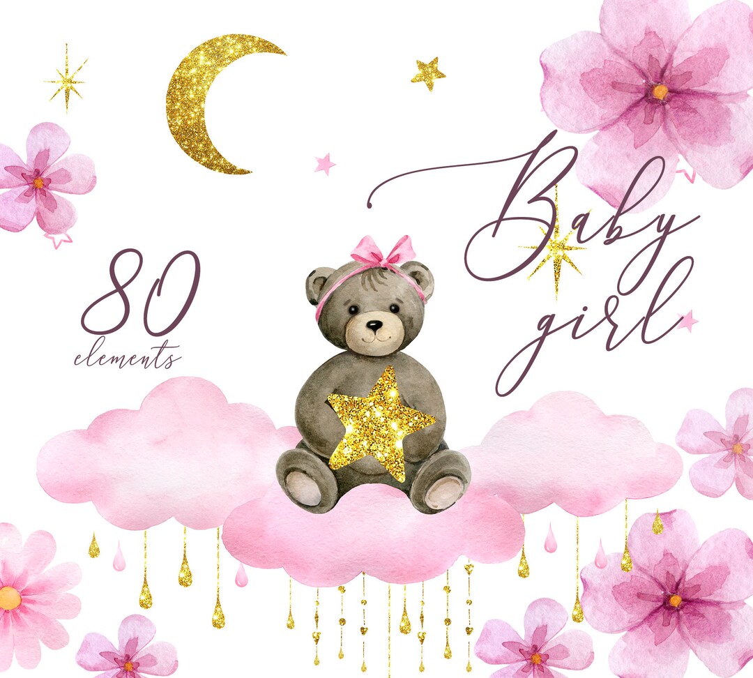 Baby Girl Shower Clipart Little Bear Baby Newborn PNG Watercolor Clip ...