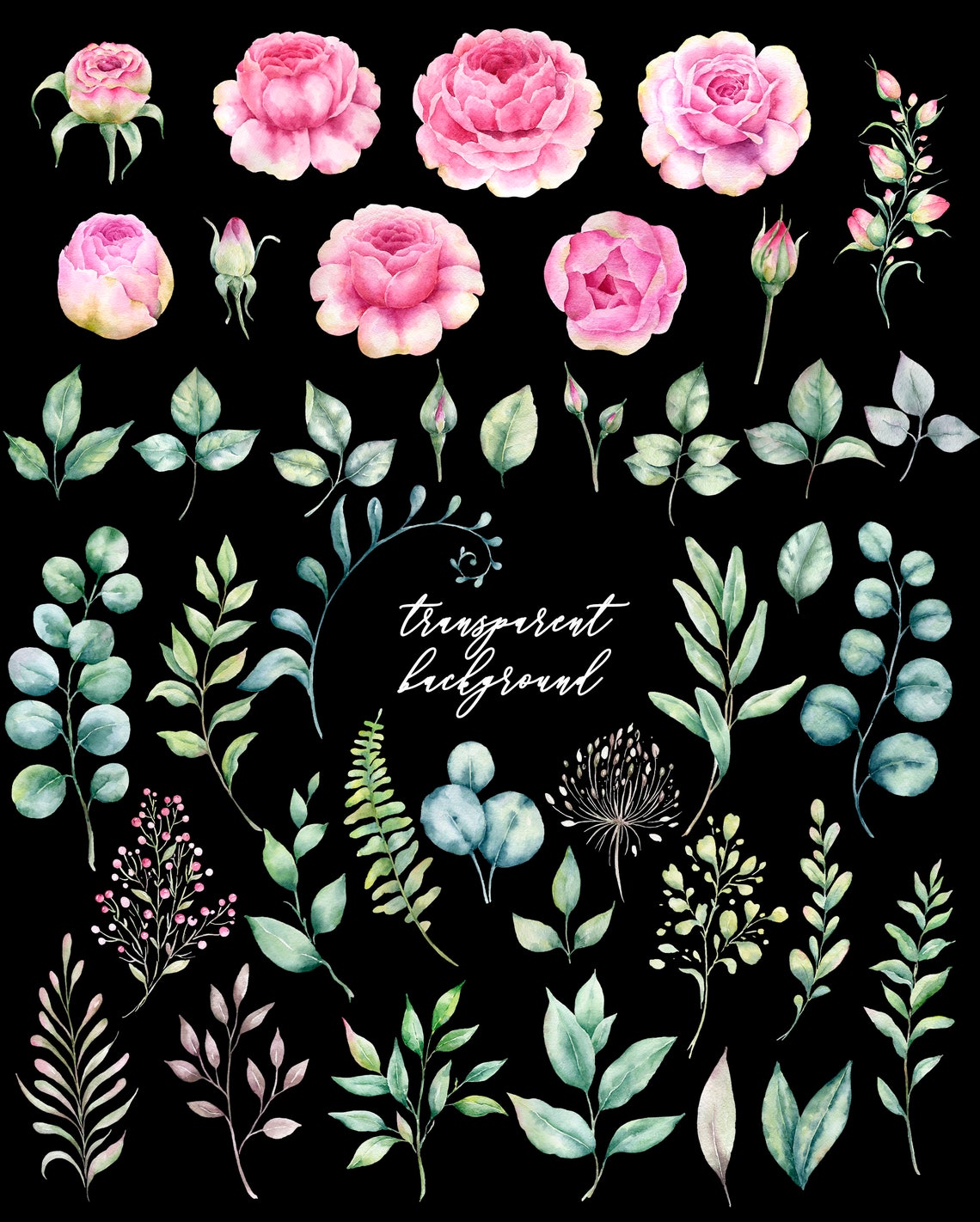 Floral Clipart Set Watercolor Pink Rose Flowers Eucalyptus - Etsy