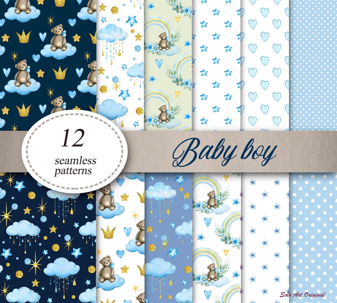 Baby Boy Digital Paper Baby Shower Seamless Patterns Pack of 12 Sheets ...