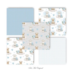 Baby Boy Teddy Bear Digital Paper Seamless Patterns,hot Air Balloons ...