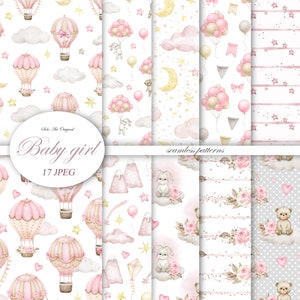 Baby Girl Teddy Bear Digital Paper Seamless Patterns,hot Air Balloons ...