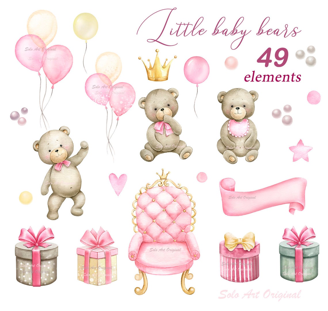 Little Bear Baby Girl Shower Pink Floral Clipart Baby Newborn - Etsy