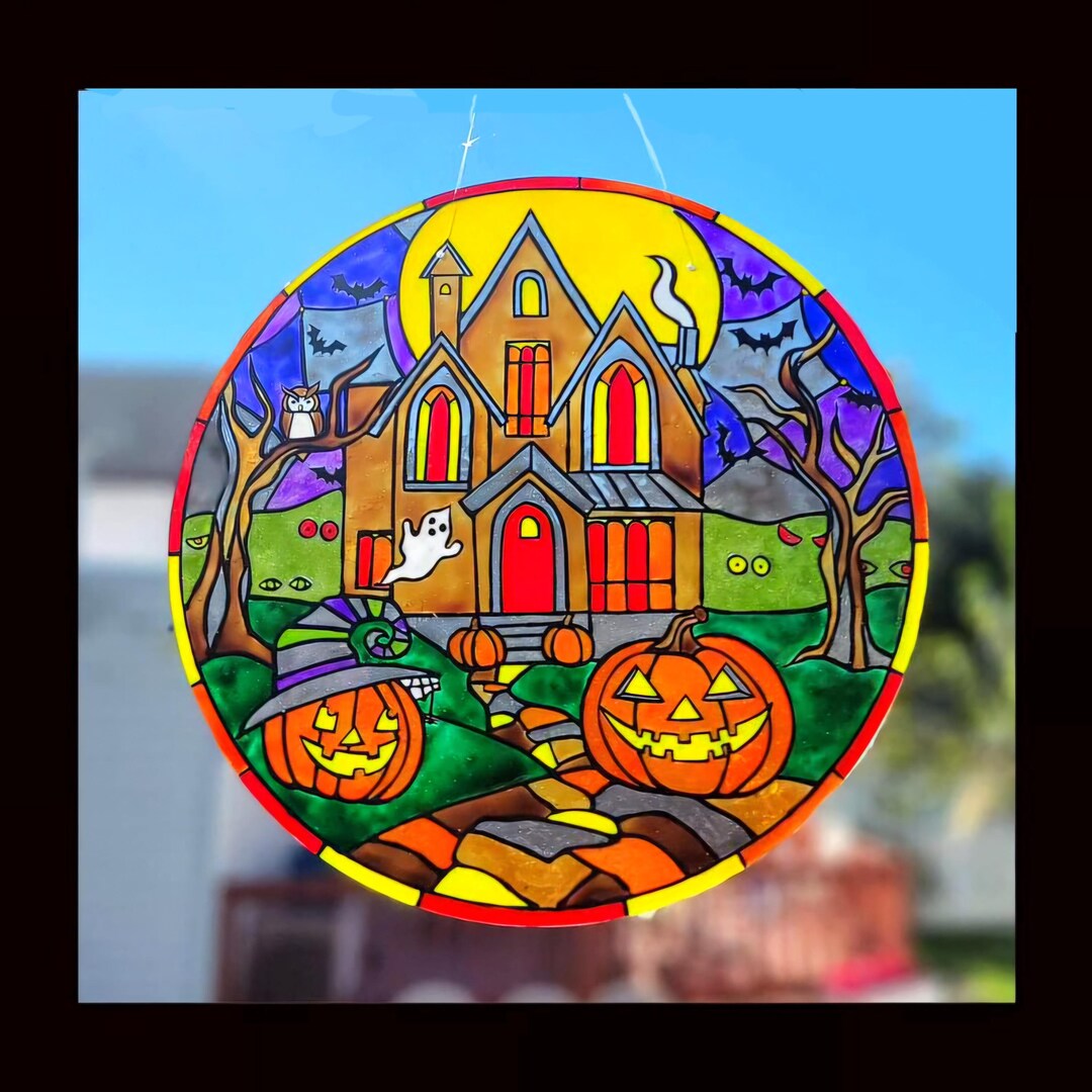Halloween Haunted House Jack O' Lantern Suncatcher Stained Glass Ghost ...