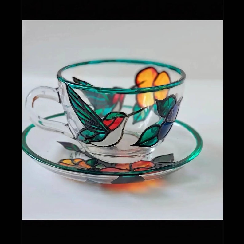 Teacup Set Hummingbird and Hibiscus Floral Stained Glass Tea - Etsy