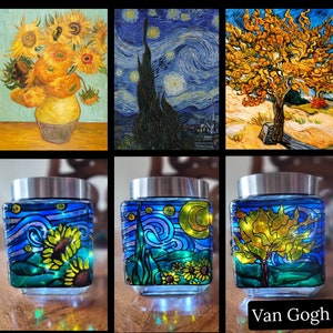 Van Gogh Starry Night Sunflowers Inspired Jar With Fairy Lights Stained ...