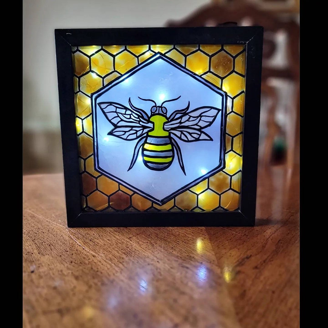 Bumble Bee Honeycomb Stained Glass Shadow Box With Fairy Lights ...