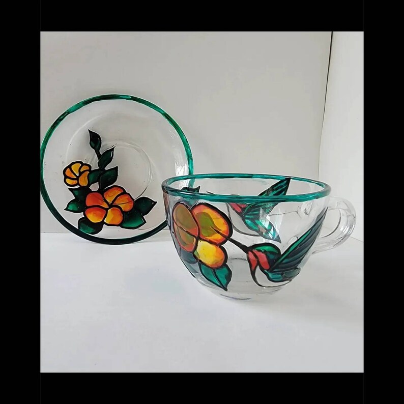 Teacup Set Hummingbird and Hibiscus Floral Stained Glass Tea - Etsy