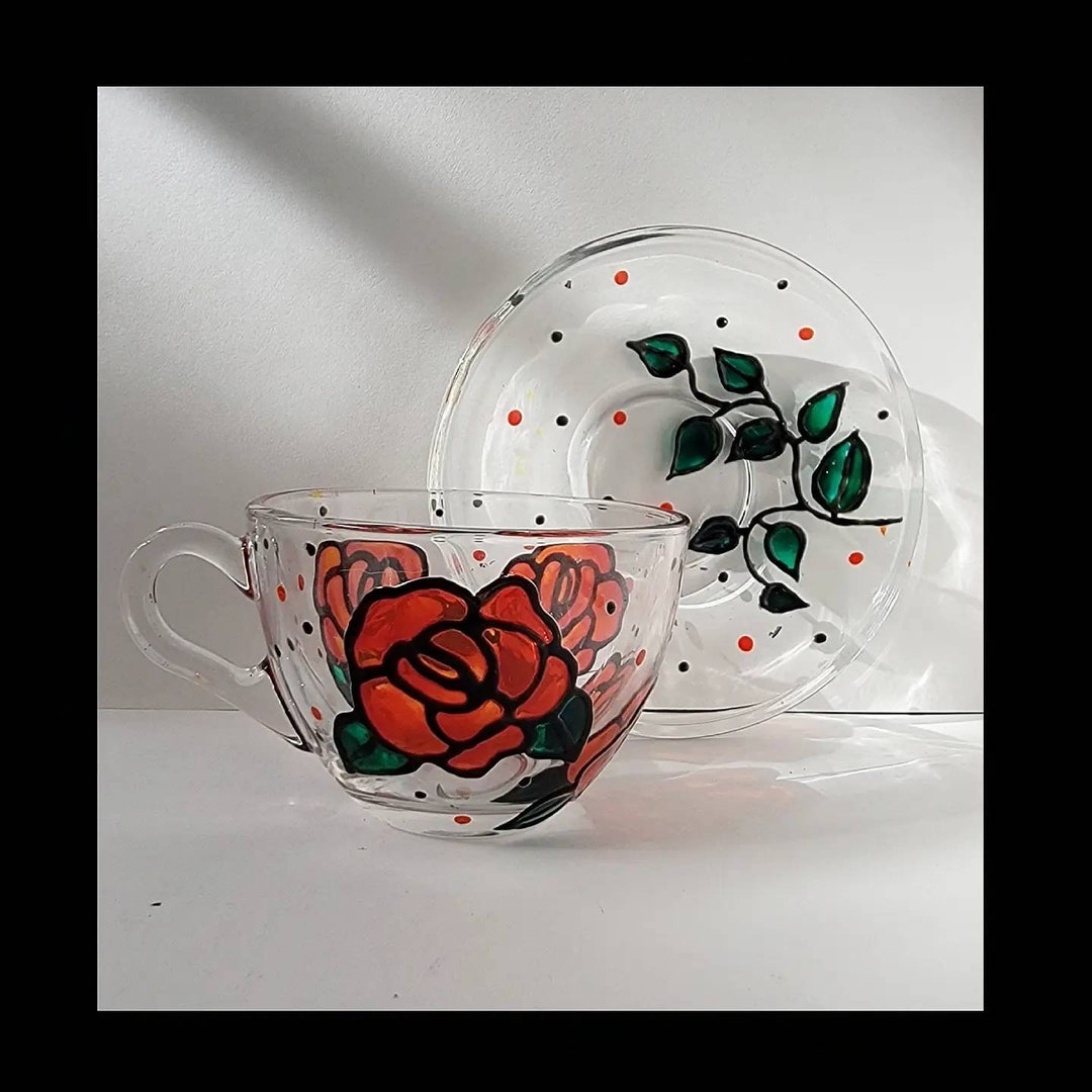 Teacup Set Rose Floral Stained Glass Tea Time Coffee Addict Roses ...