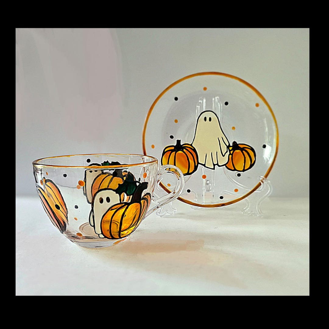 Halloween Teacup Set Ghost and Pumpkin Glass Tea Time Coffee Addict ...