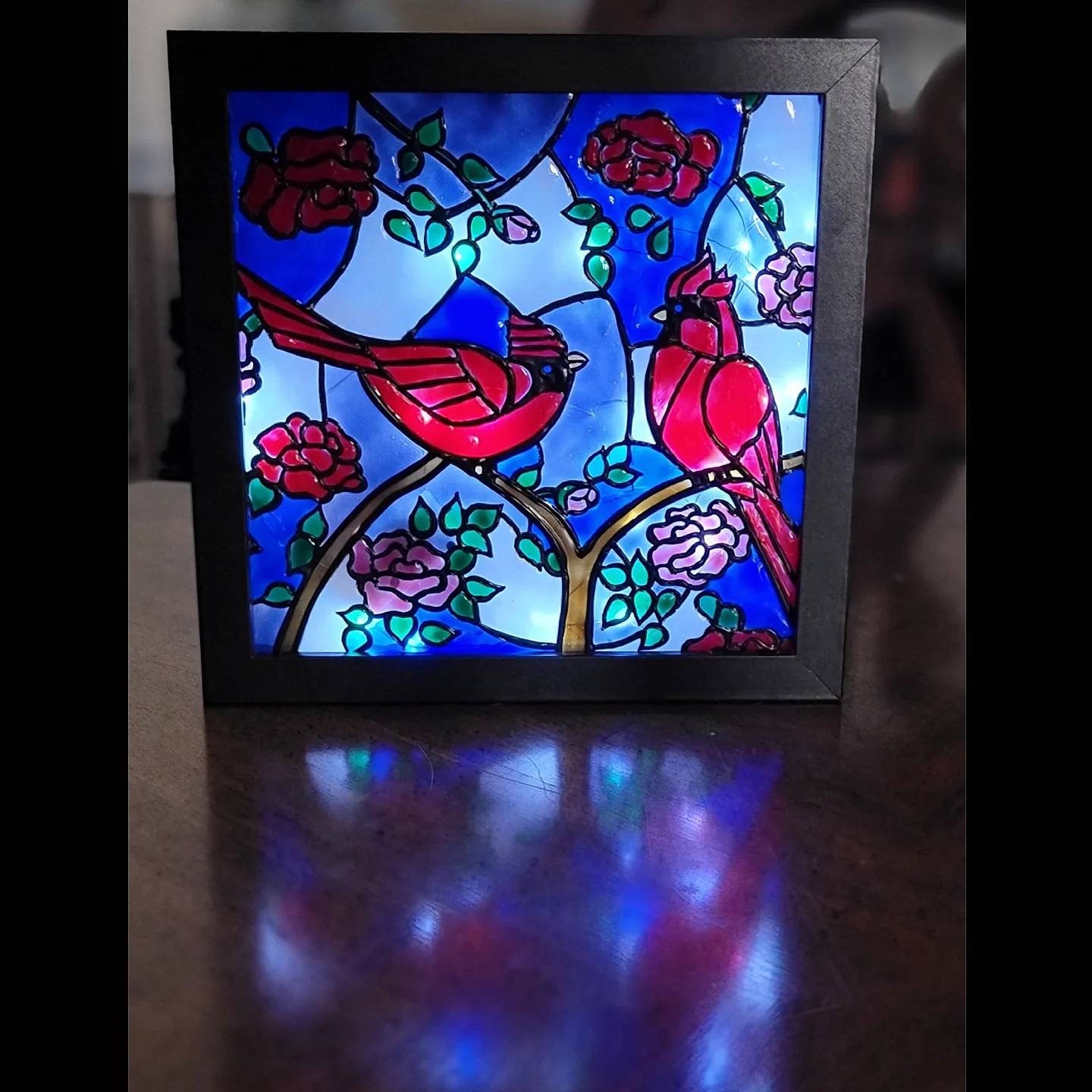 Cardinal and Rose Stained Glass Shadow Box With Fairy Lights Wall ...