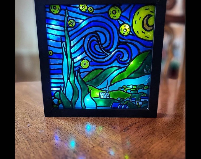 Starry Night Van Gogh Stained Glass Shadow Box With Fairy Lights ...