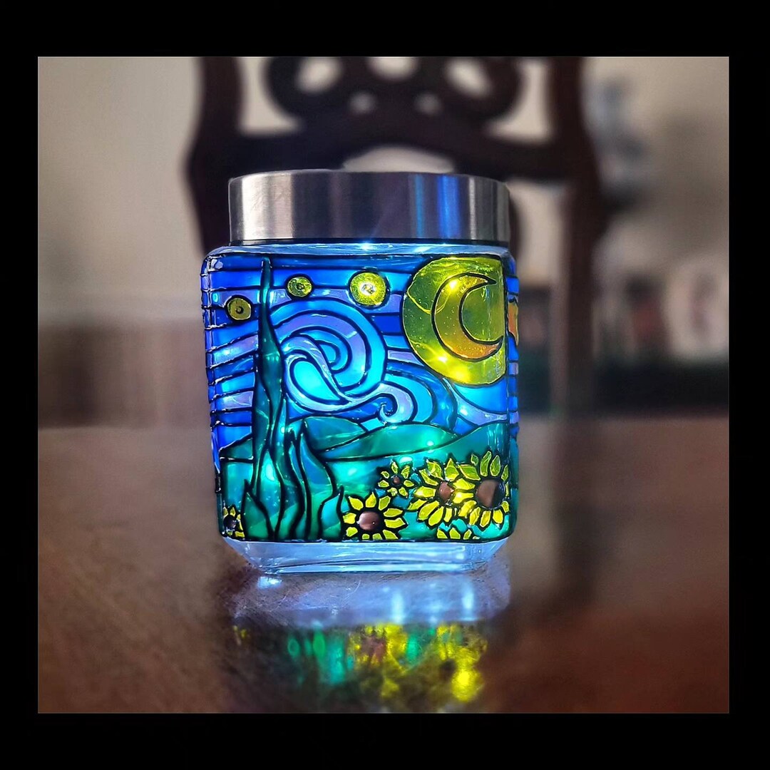 Van Gogh Starry Night Sunflowers Inspired Jar With Fairy Lights Stained ...
