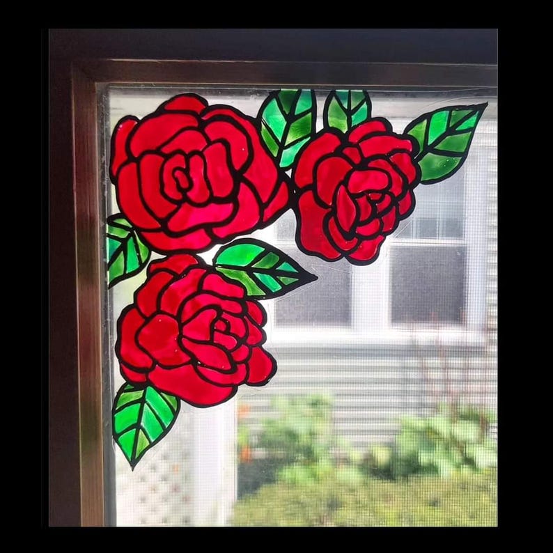 Rose Window Cling Decor Decal Sticker Leaves Hand Painted Stained Glass ...