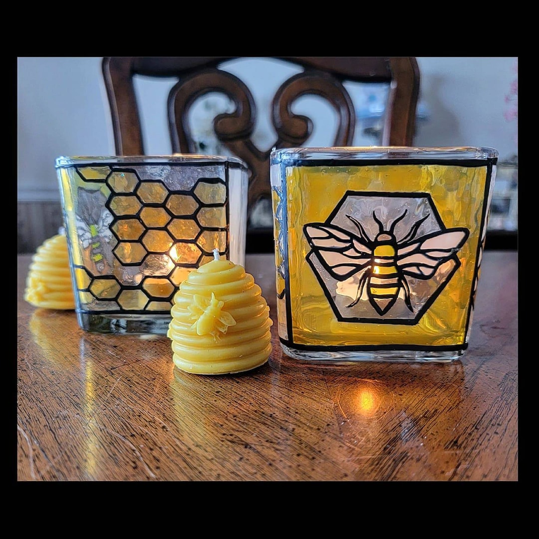 Bumble Bee / Honeycomb Candle Jar Stained Glass Votive Holder Bees ...
