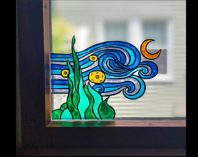Starry Night Van Gogh Window Cling Hand Painted Stained Glass Classic ...