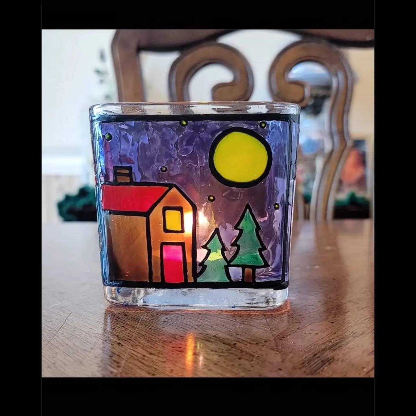 Village Town Starry Night Candle Jar Stained Glass Cottage Full Moon ...