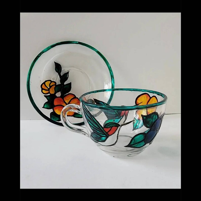Teacup Set Hummingbird and Hibiscus Floral Stained Glass Tea - Etsy