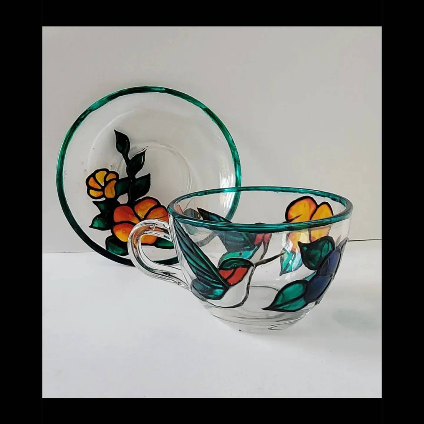 Teacup Set Hummingbird and Hibiscus Floral Stained Glass Tea - Etsy