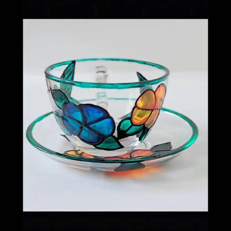 Teacup Set Hummingbird and Hibiscus Floral Stained Glass Tea - Etsy