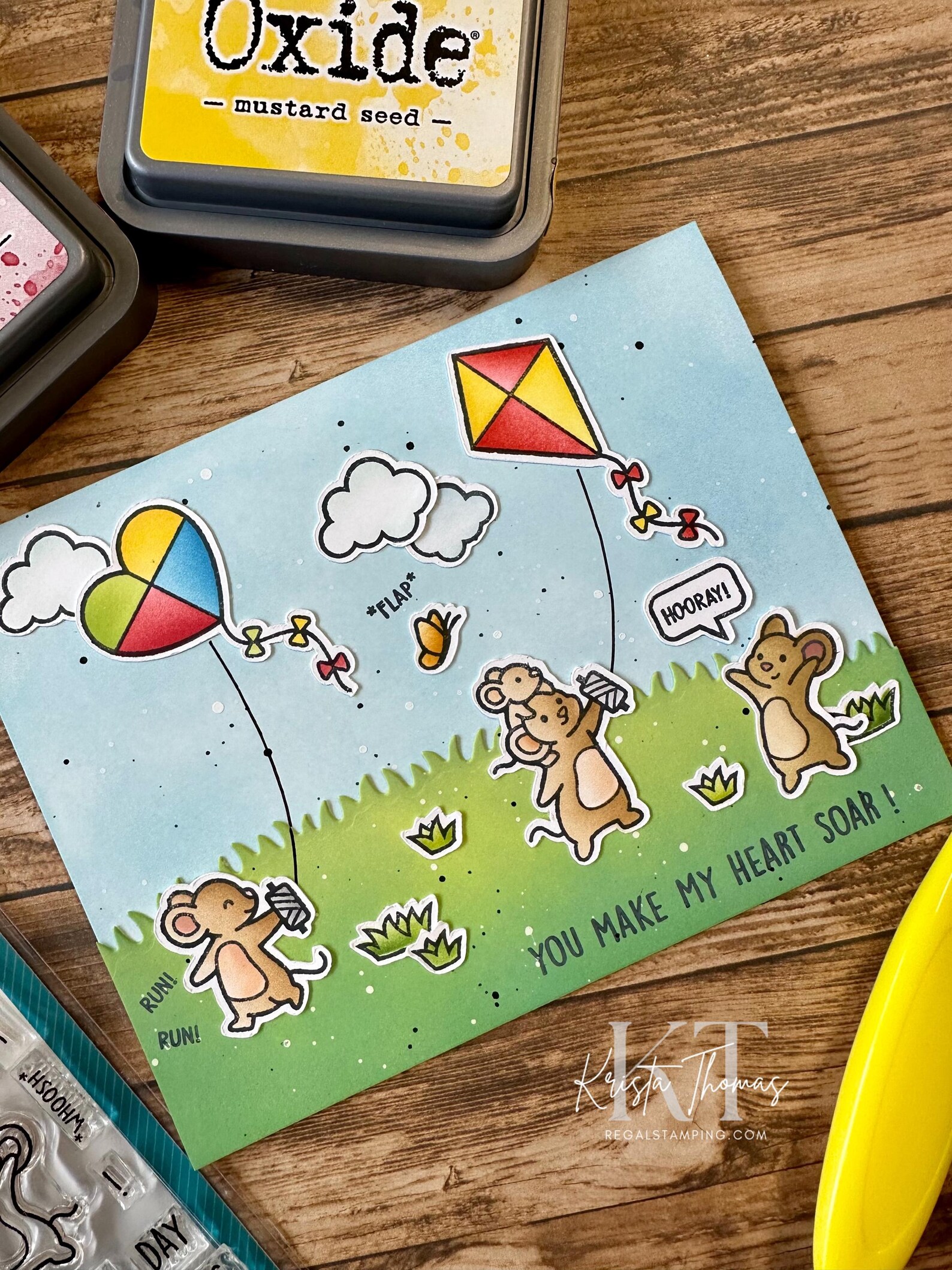 You Make My Heart Soar, Mice Flying Kites, Hand Stamped Greeting Card ...