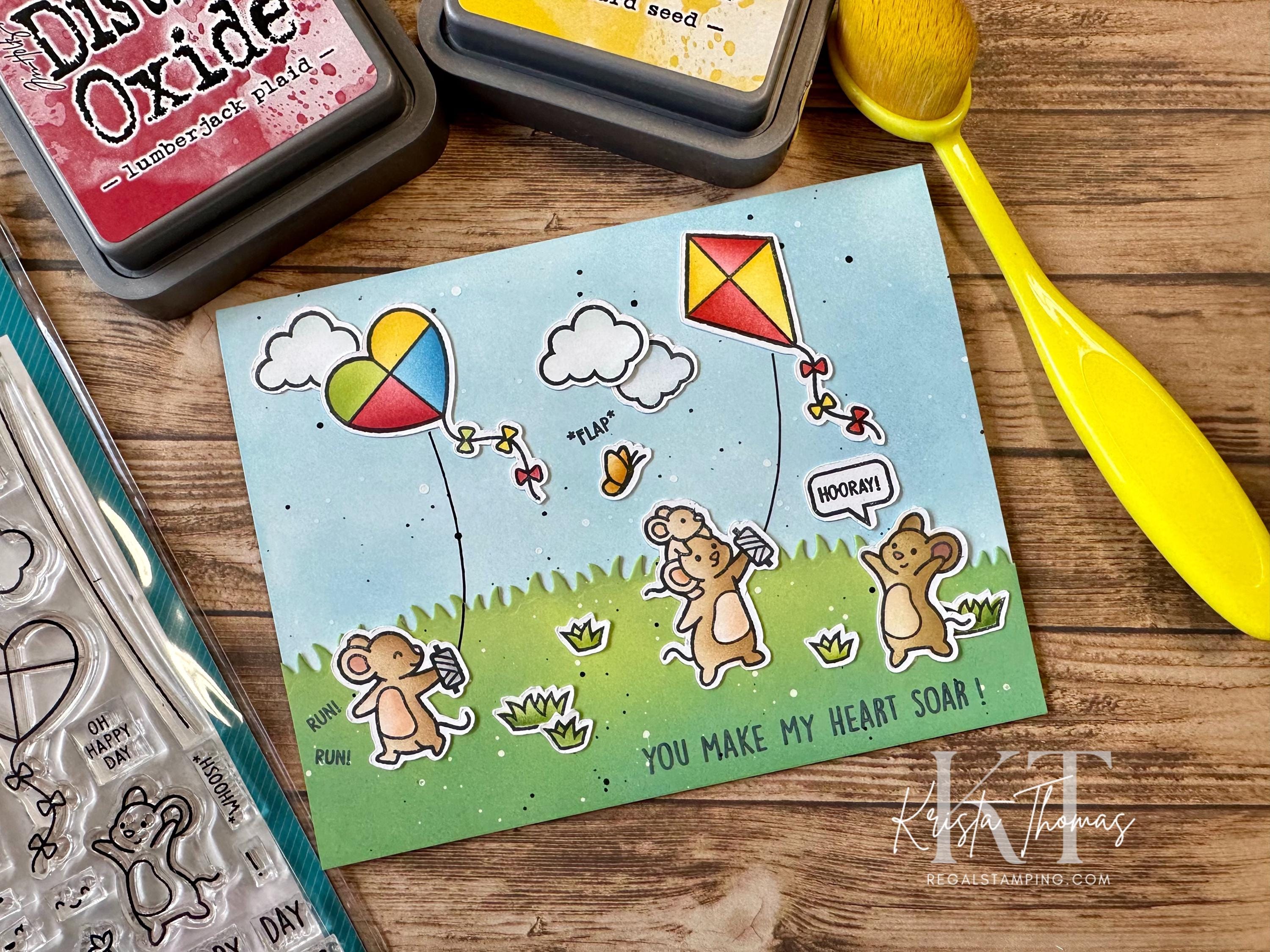 You Make My Heart Soar, Mice Flying Kites, Hand Stamped Greeting Card ...