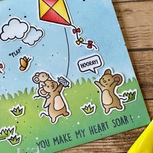 You Make My Heart Soar, Mice Flying Kites, Hand Stamped Greeting Card ...