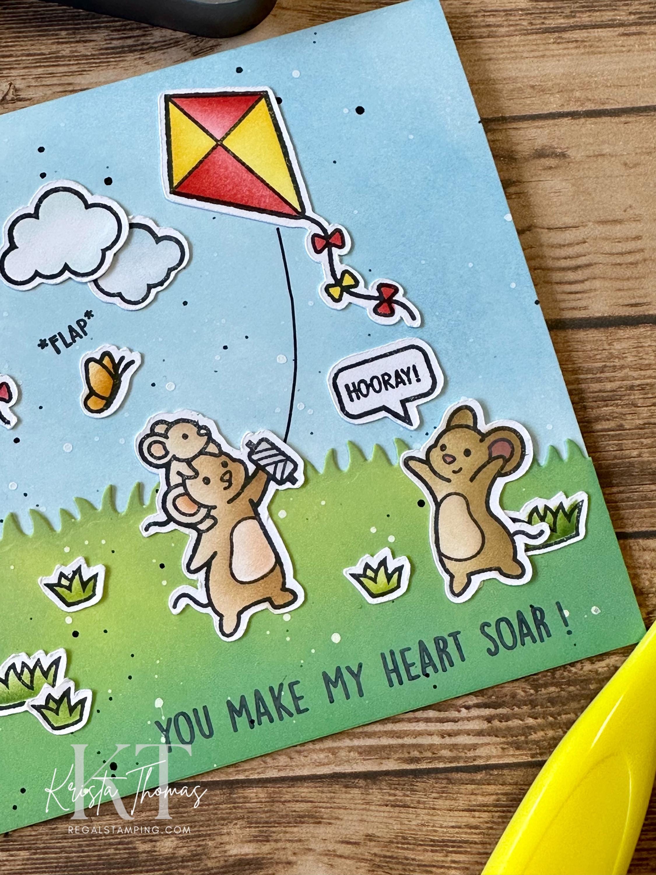 You Make My Heart Soar, Mice Flying Kites, Hand Stamped Greeting Card ...