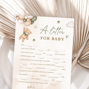 Letter for Baby Mad Libs Game, Green Teddy Bear Baby Shower Mad Libs ...