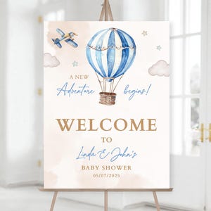 Hot Air Balloon Welcome to Baby Shower Banner, Travel Airplane and ...