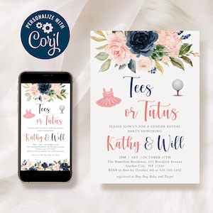 EDITABLE Tees or Tutus Gender Reveal Invitation, Navy and Bush Pink ...