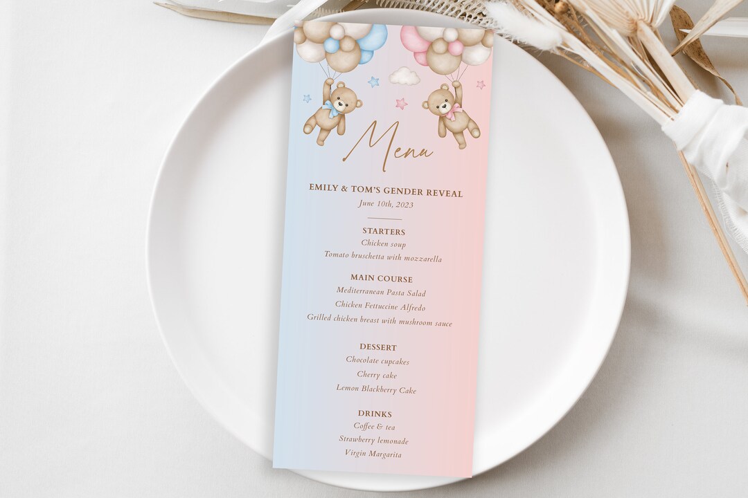 Editable Bear Balloons Gender Reveal Menu Template We Can Bearly Wait ...
