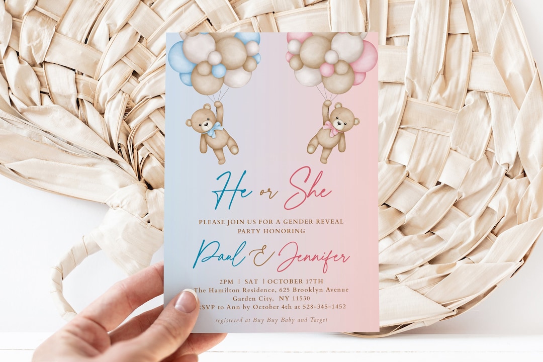 EDITABLE Teddy Bear Gender Reveal Invitation, Blue and Pink Bears ...