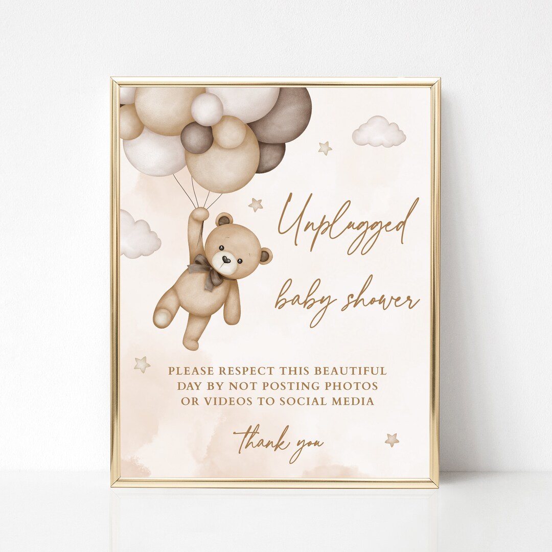 Unplugged Baby Shower Sign, Beige Teddy Bear Baby Shower Welcome Sign ...