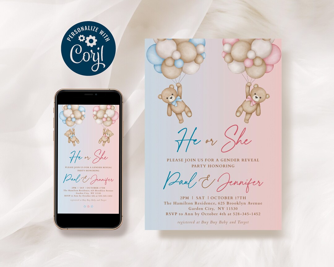 Editable Teddy Bear Gender Reveal Invitation Blue And Pink Bears