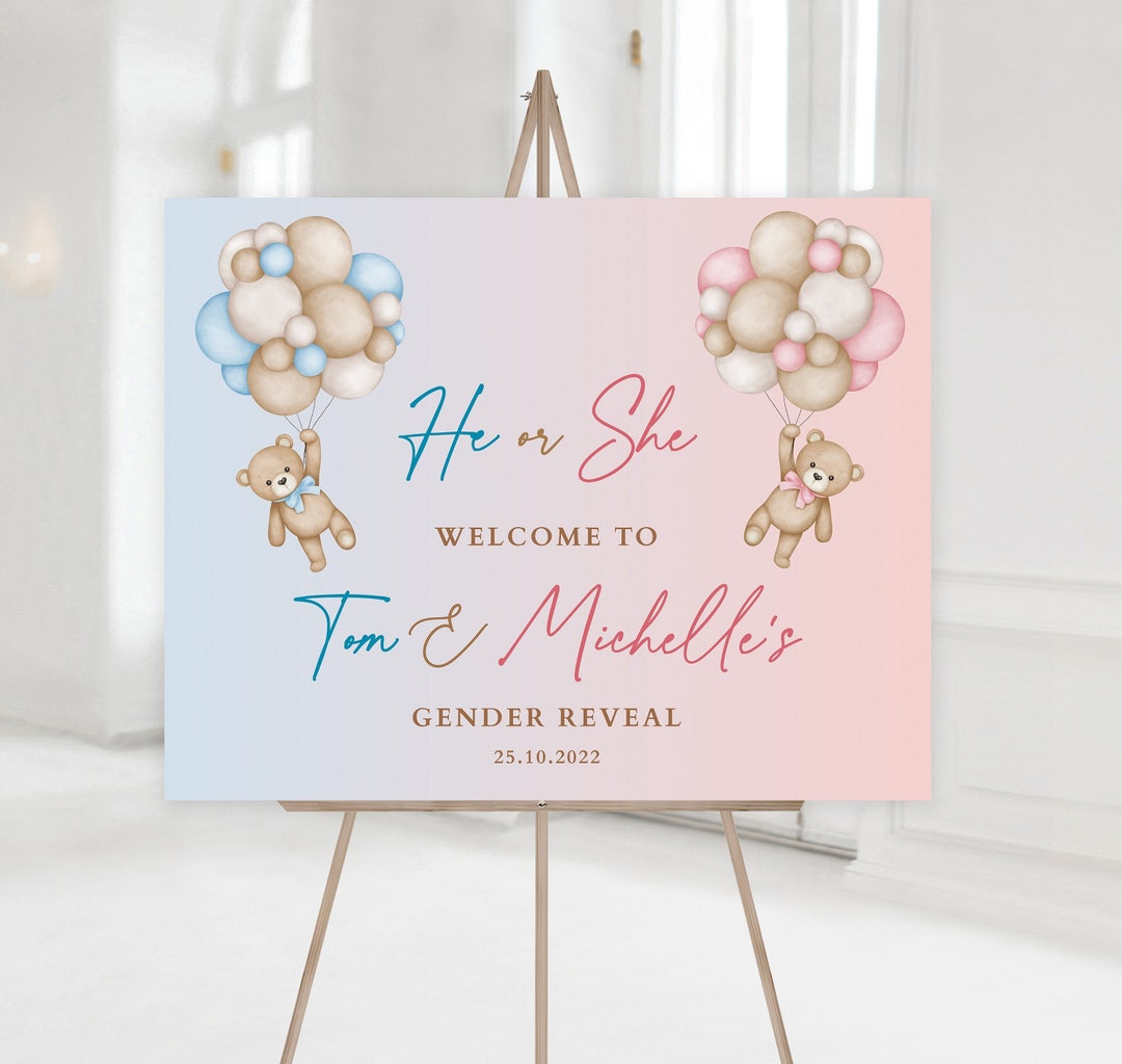 EDITABLE Teddy Bear Gender Reveal Welcome Sign, Gender Reveal Party ...