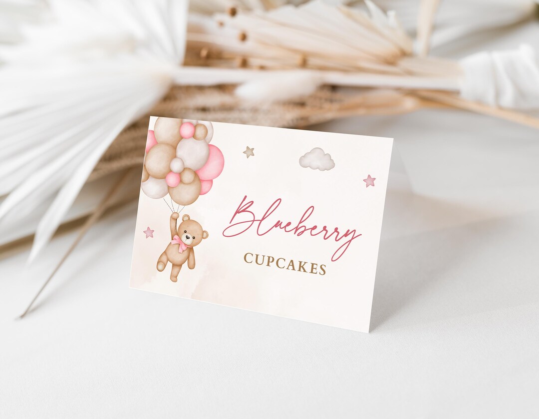 EDITABLE Place Cards Pink Teddy Bear, Food Labels Printable, Blush Pink ...