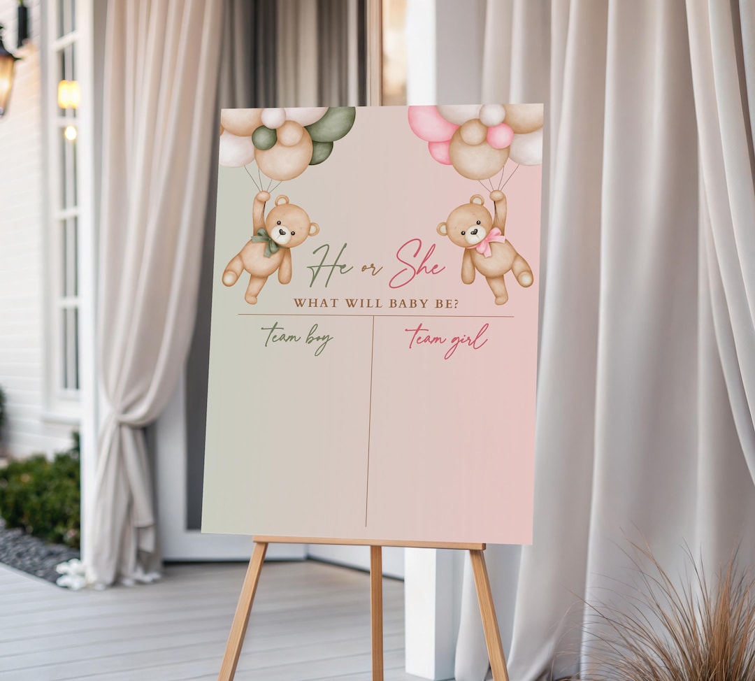 He or She Pink and Olive Voting Sign, Teddy Bears Gender Reveal Party ...