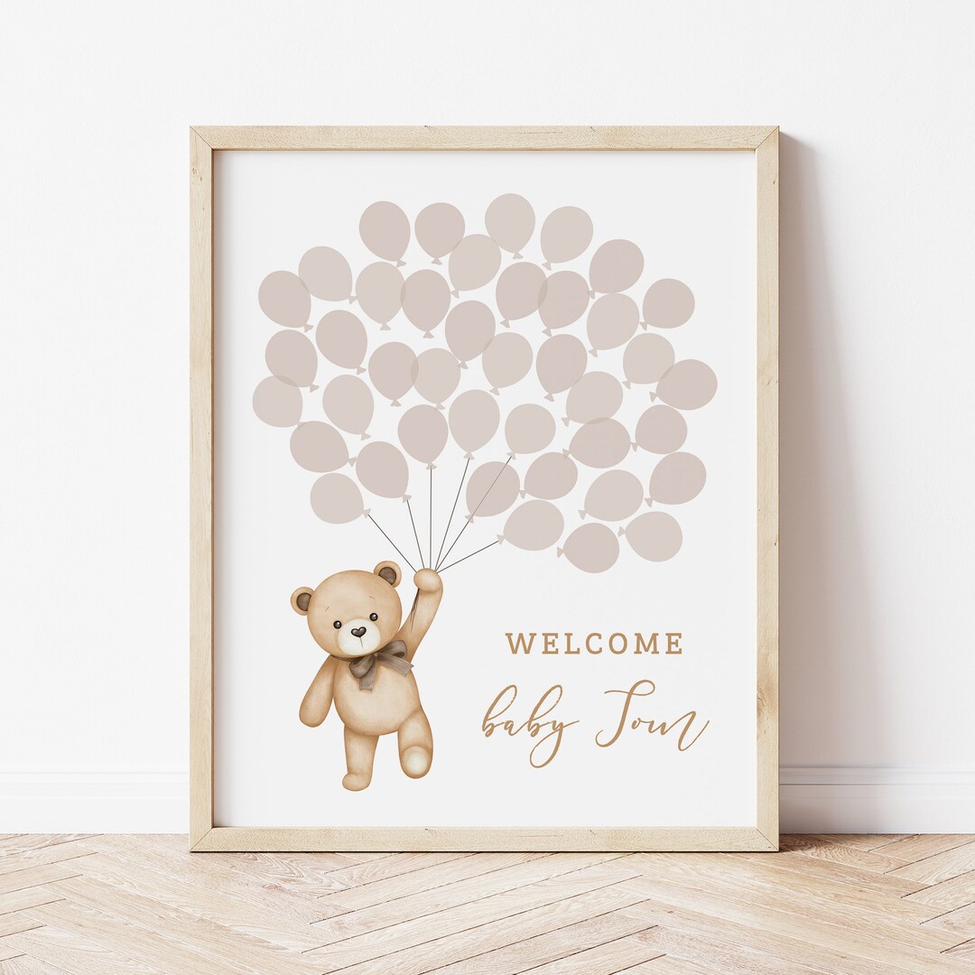 Brown Teddy Bear and Balloons Fingerprint Guestbook, Bear Baby Shower ...