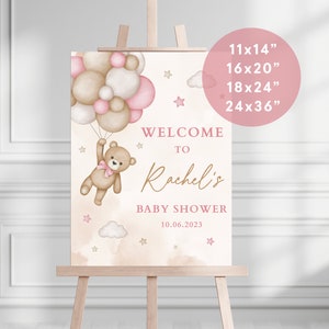 EDITABLE Pink Teddy Bear Welcome Banner, Pink Bear Balloons Baby Shower ...