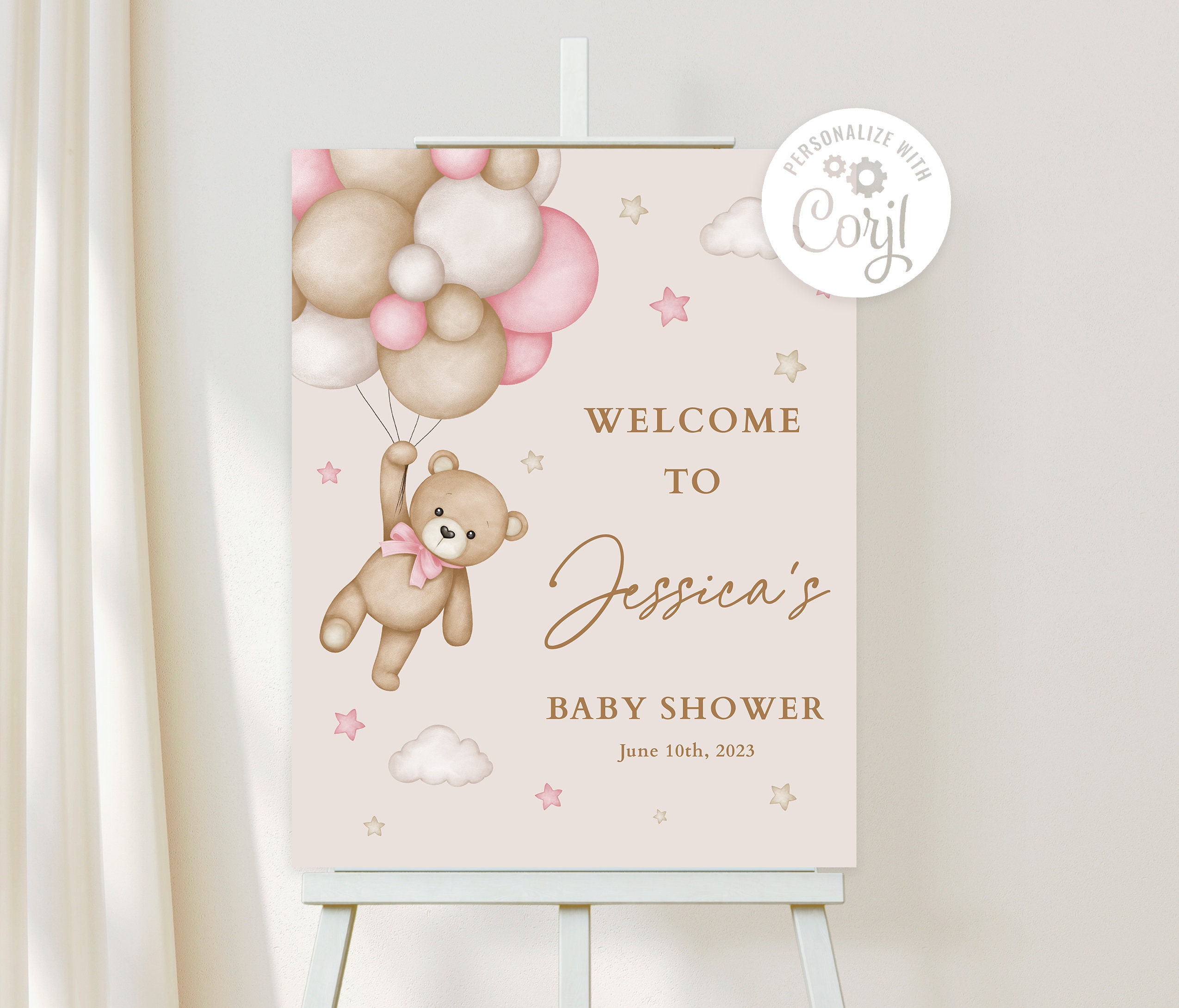 EDITABLE Pink Teddy Bear Welcome Banner Pink Bear Balloons - Etsy