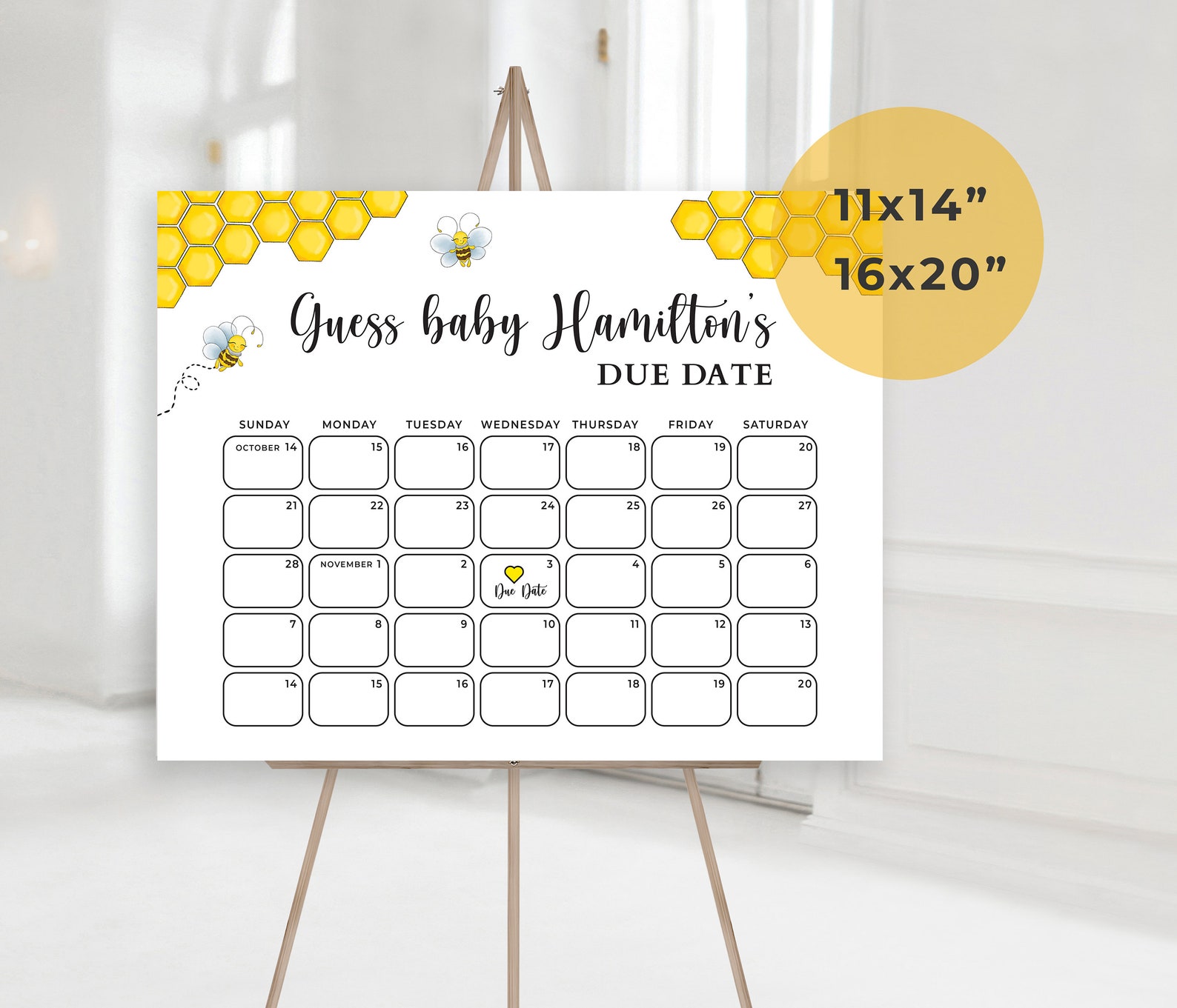 EDITABLE Due Date Calendar Bee Theme, Bee Baby Shower Honey Bee Gender ...