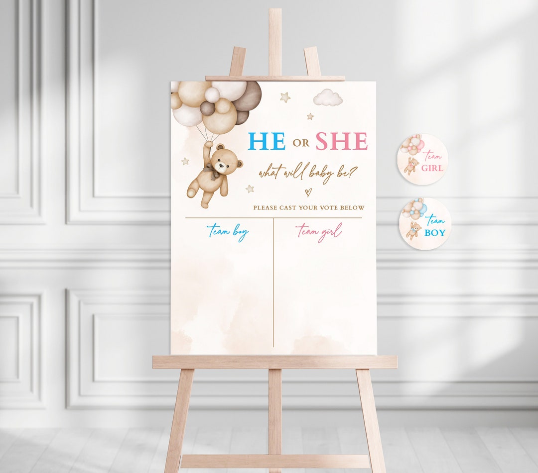 Teddy Bear Gender Reveal Banner, He or She Voting Game, Sign + Stickers ...