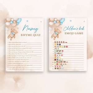 EDITABLE Blue Teddy Bear Baby Shower Games, Blue Bear Hot Air Balloon ...