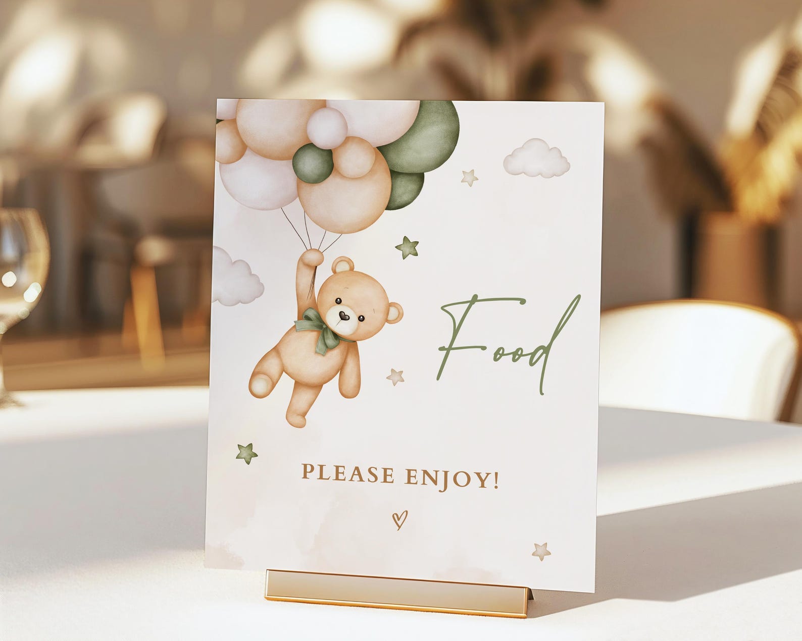 Sage Green Teddy Bear Food Sign for Baby Shower, Food Station Printable ...