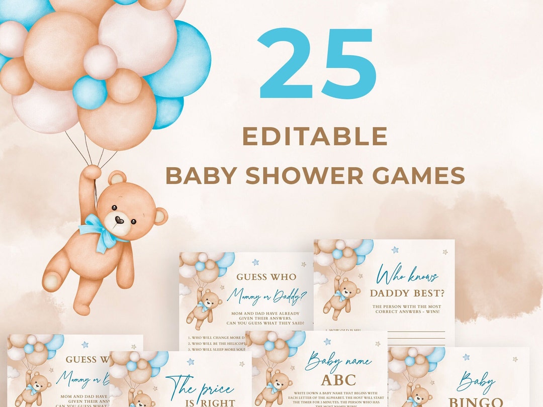 EDITABLE Blue Teddy Bear Baby Shower Games, Blue Bear Hot Air Balloon ...