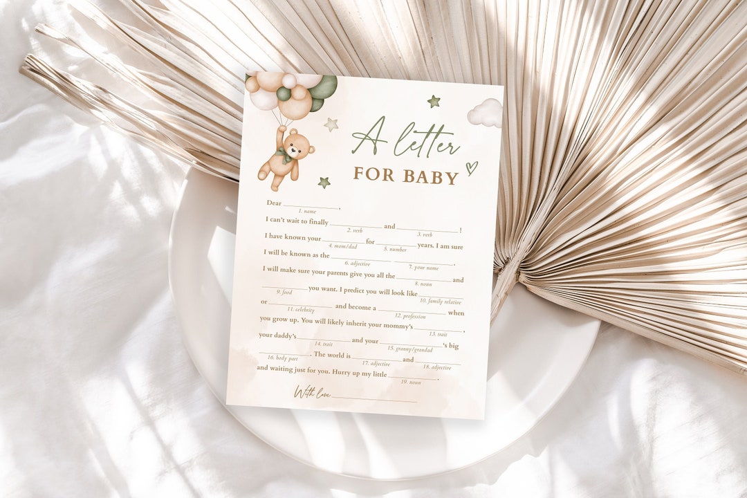Letter for Baby Mad Libs Game, Green Teddy Bear Baby Shower Mad Libs ...
