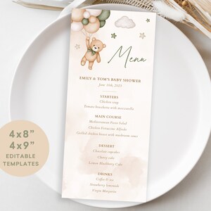 Sage Green Teddy Bear Menu Printable, Gender Neutral Baby Shower Menu ...