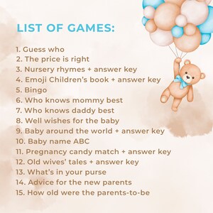 EDITABLE Blue Teddy Bear Baby Shower Games, Blue Bear Hot Air Balloon ...